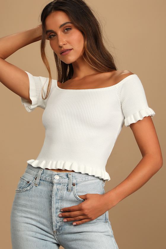 White Knit Top - Ruffled Crop Top - Short Sleeve Sweater Top - Lulus