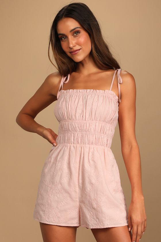 Light Pink Romper - Floral Embroidered Romper - Tie-Strap Romper - Lulus