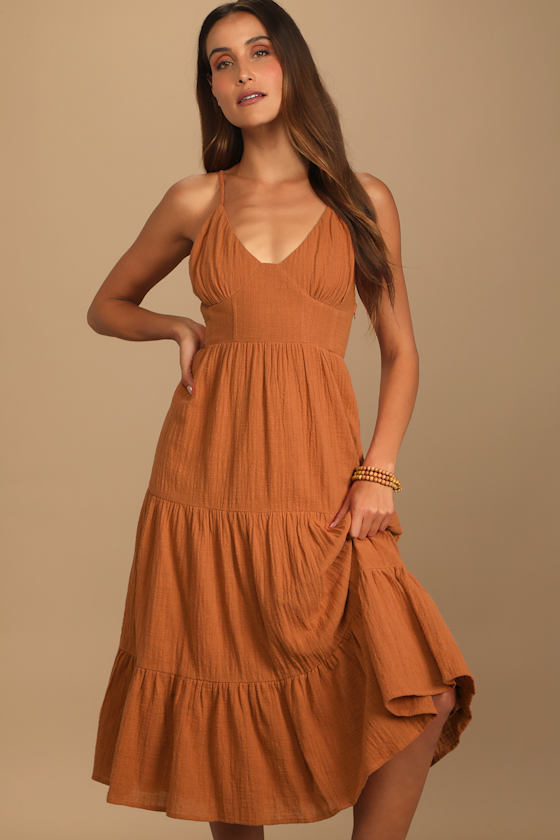 Rust Brown Dress - Tiered Mid Dress - Cotton Midi Dress - Lulus