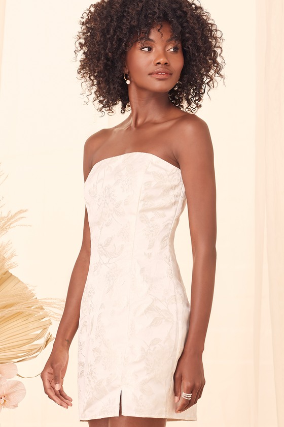 White Strapless Dress Jacquard Mini Dress White Floral Dress Lulus