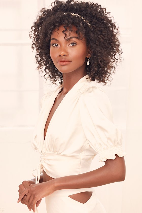 Ivory Satin Top - Puff Sleeve Top - Cinching Top - Women's Tops - Lulus