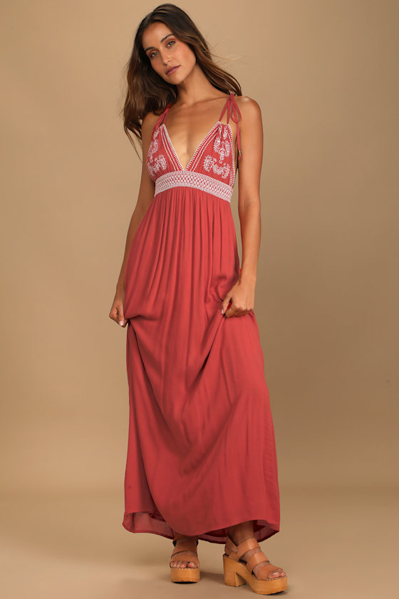 Brick Red Maxi Dress - Maxi Dress - Embroidered Dress - Lulus
