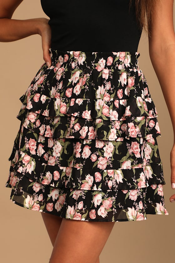 Black Floral Print Skirt - Tiered Mini Skirt - Floral Mini Skirt - Lulus