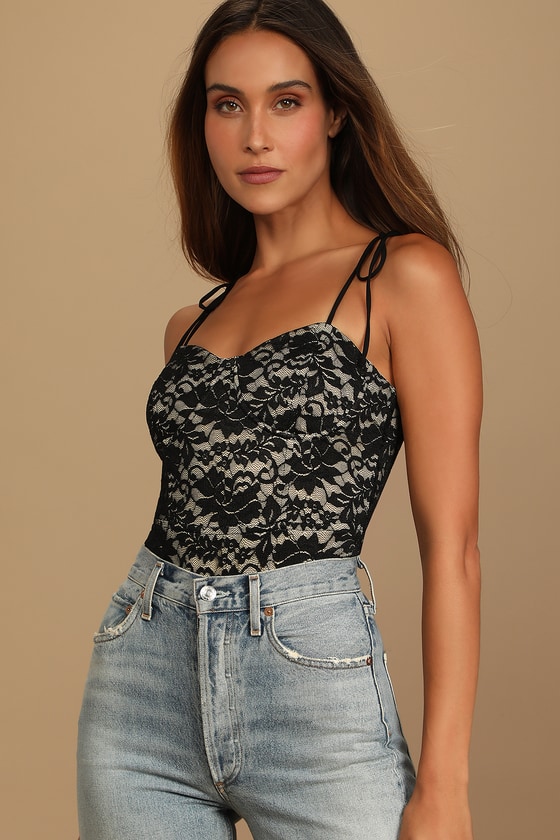 Black Lace Bodysuit Black And Beige Bodysuit Corset Top Lulus