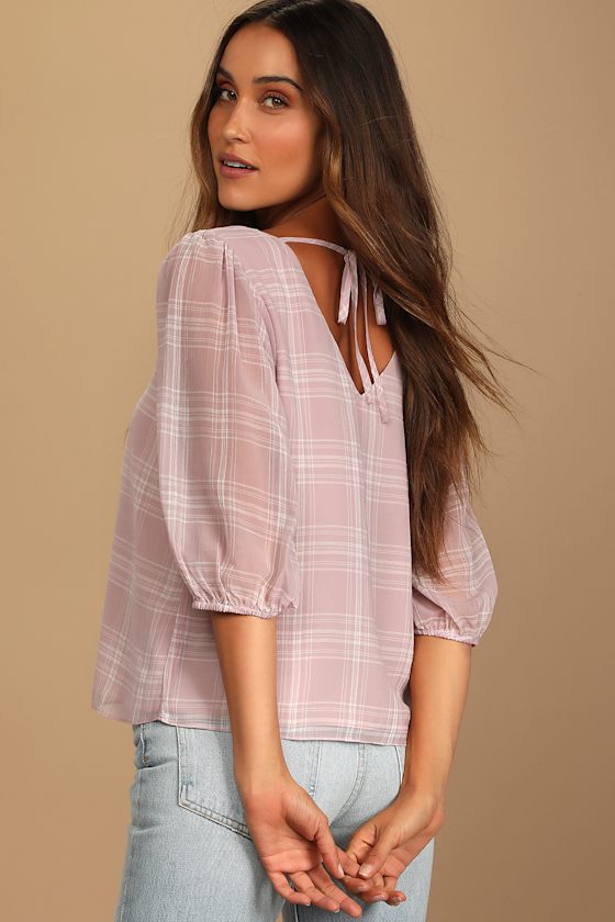 Mauve Pink Plaid Top - Puff Sleeve Top - V-Neck Blouse - Lulus