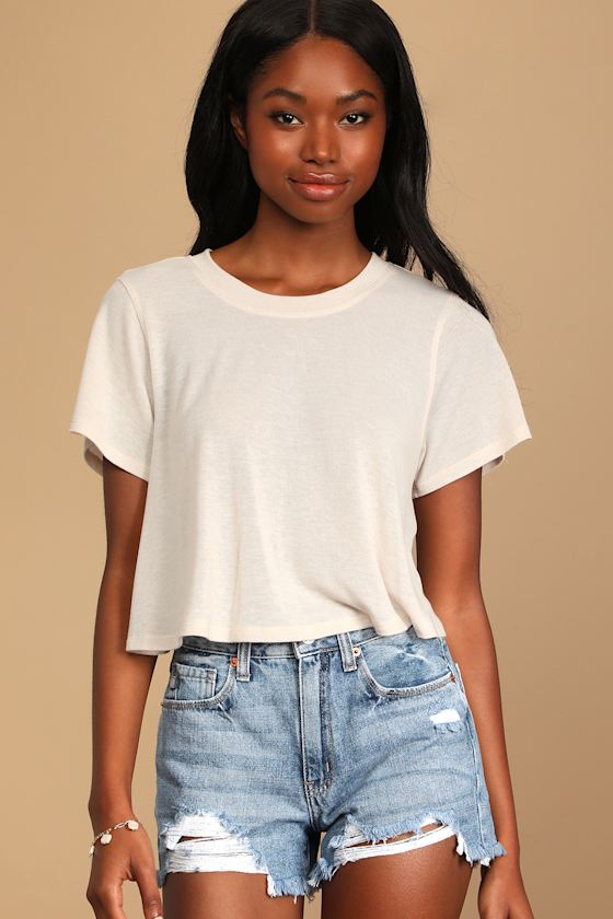 Beige Tee - Short Sleeve Top - Women's Tops - Cropped Tee - Lulus