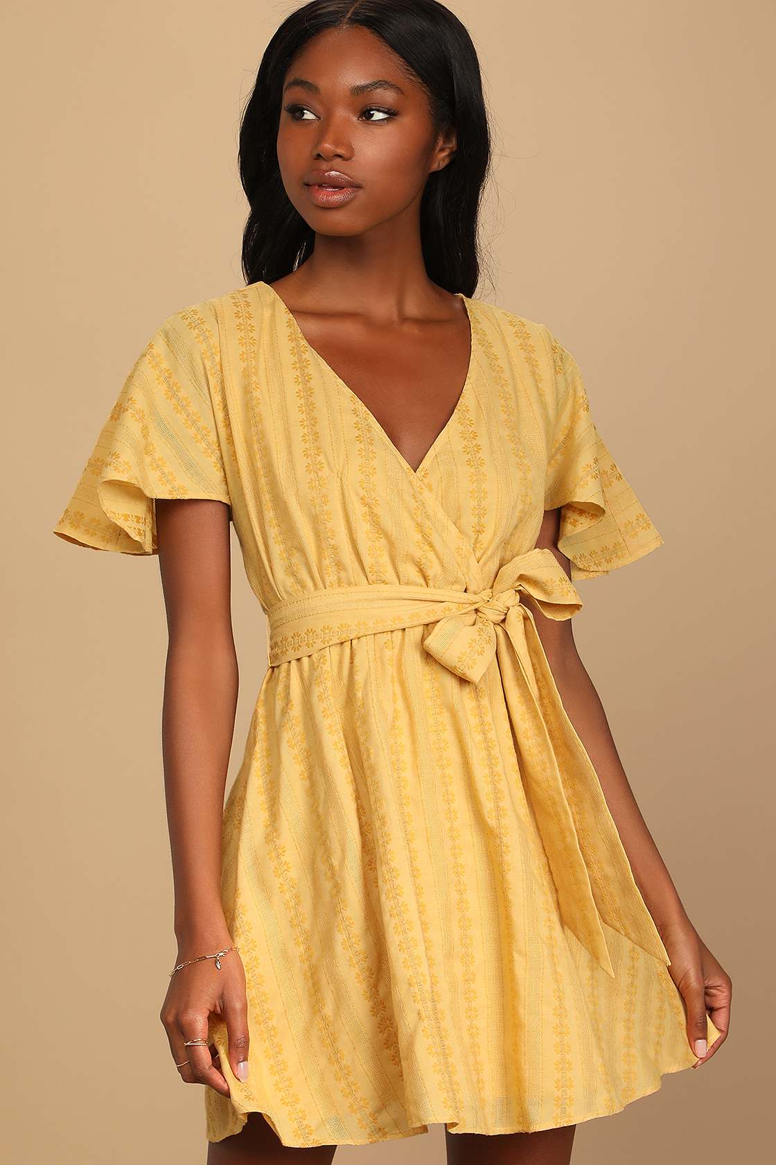 Yellow Skater Dress - Surplice Skater Dress - Embroidered Dress - Lulus