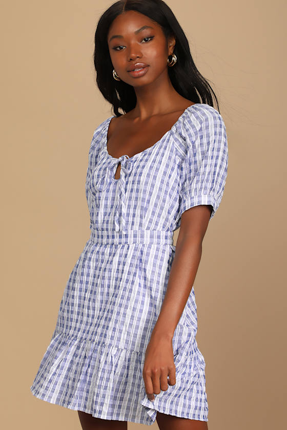 Blue & White Plaid Dress - Plaid Mini Dress - Short Sleeve Dress - Lulus