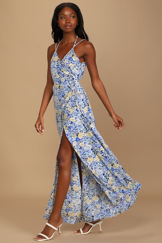 Blue Floral Print Dress - Wrap Maxi Dress - Woven Maxi Dress - Lulus