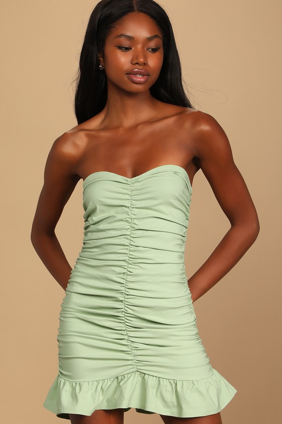 Sage Green Dress - Bodycon Mini Dress - Ruched Bodycon Dress - Lulus