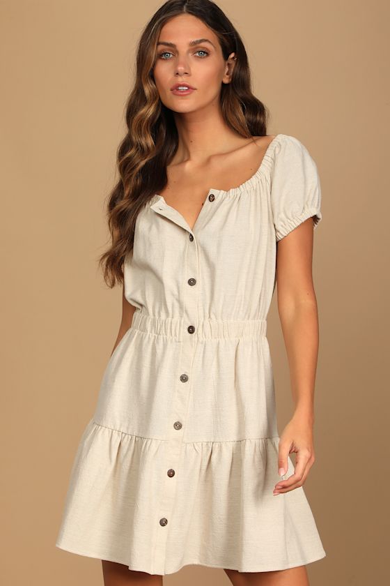 Beige Mini Dress - Tiered Mini Dress - Off-the-Shoulder Dress - Lulus