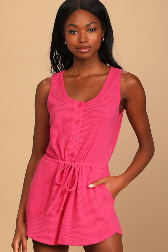 Hot Pink Romper - Ribbed Knit Romper - Lounge Romper - Lulus