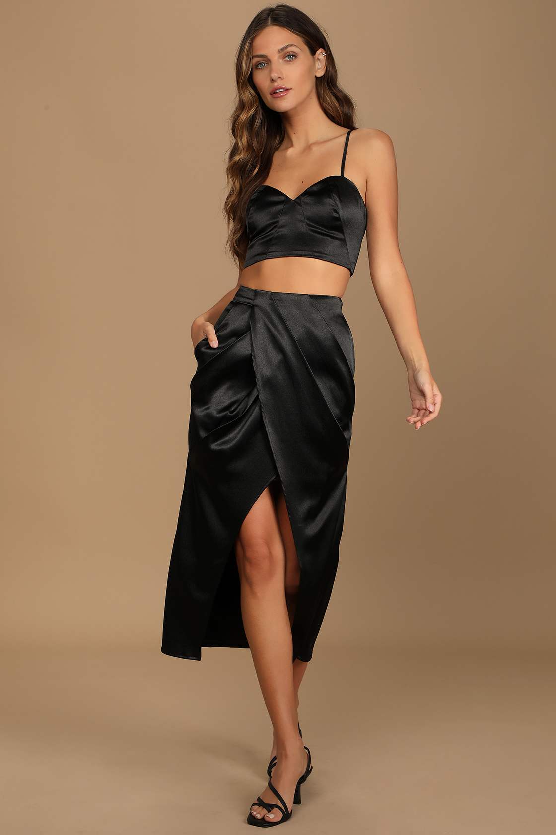 Black Midi Dress - Satin Dress - Two-Piece Dress - A-Line Dress - Lulus