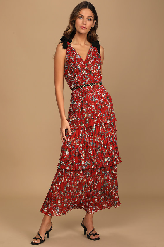 Rust Red Floral Print Dress - Tiered Maxi Dress - Pleated Dress - Lulus