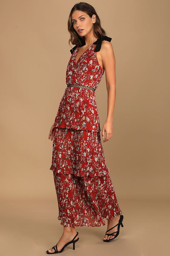 Rust Red Floral Print Dress - Tiered Maxi Dress - Pleated Dress - Lulus