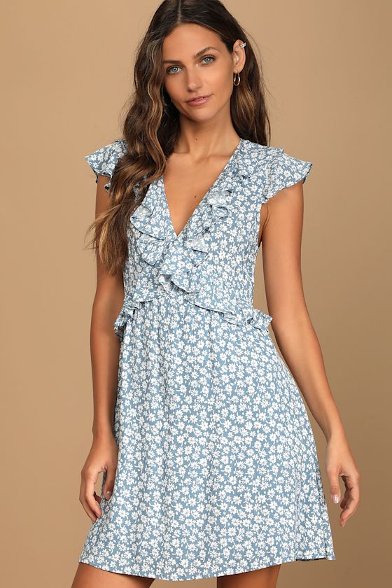 Light Blue Floral Print Dress - Ruffled Dress - Mini Dress - Lulus