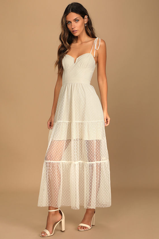 Cream Polka Dot Dress - Mesh Midi Dress - Tie-Strap Dress - Lulus