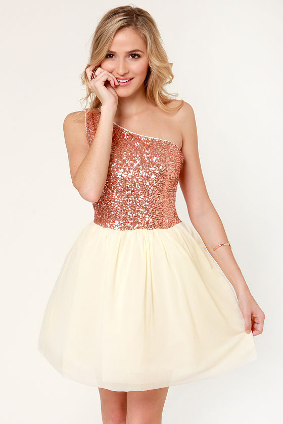 Fancy Rose Gold Dress - Sequin Dress - One Shoulder Dress - $89.00 - Lulus