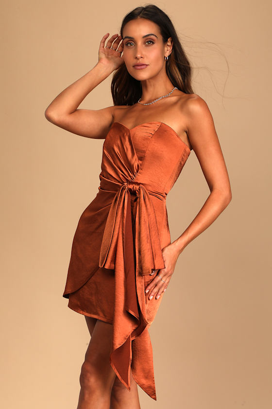 Satin Mini Dress - Rust Satin Dress - Strapless Satin Mini Dress - Lulus
