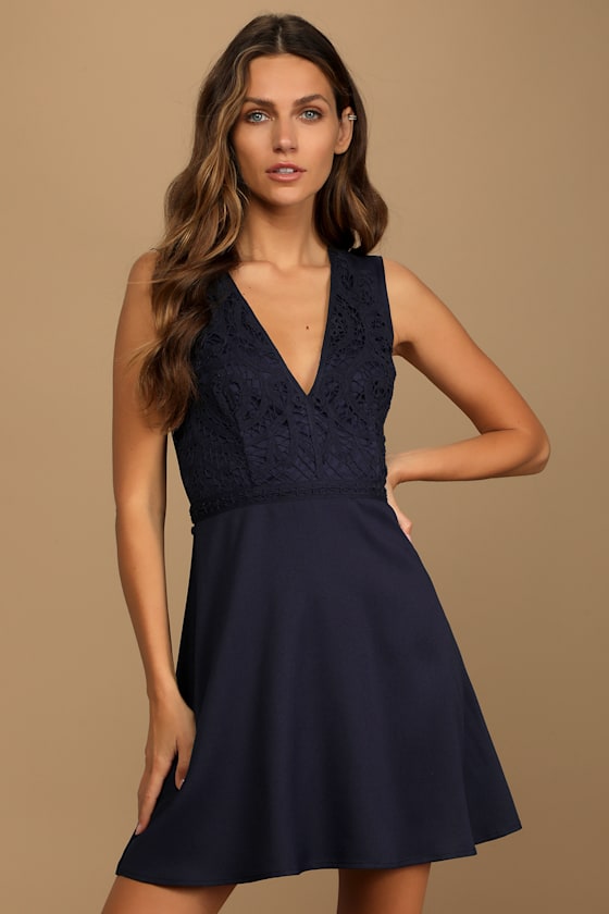 Navy Blue Lace Dress Skater Dress Crochet Lace Dress Lulus