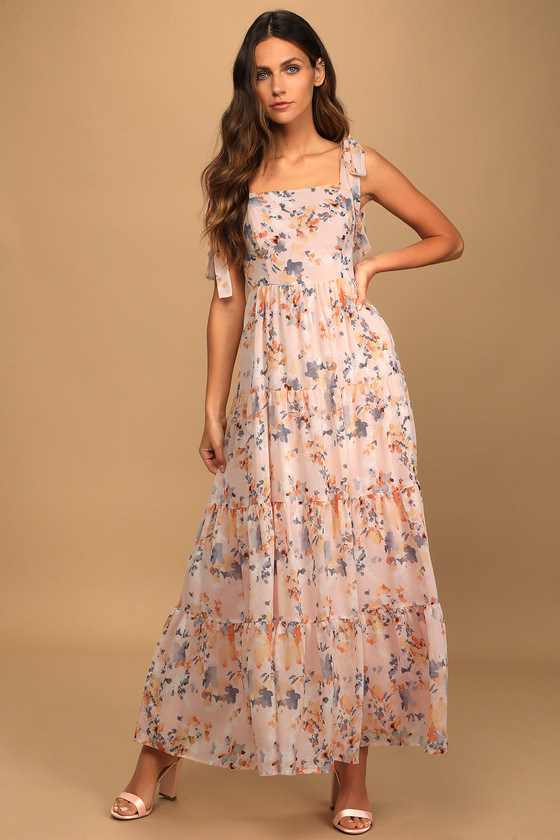 Pink Floral Print Dress Tiered Maxi Dress Tie Strap Dress Lulus