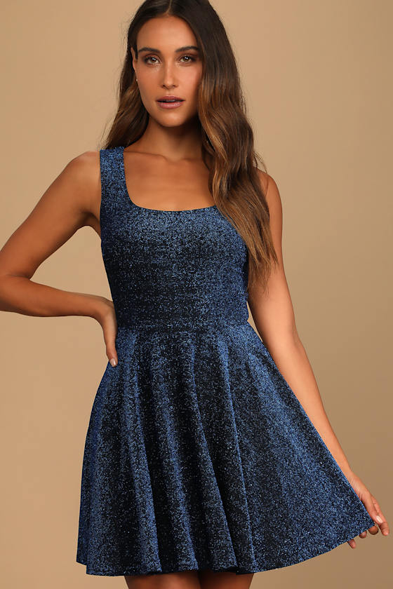 Blue Metallic Dress - Skater Mini Dress - Sleeveless Mini Dress - Lulus