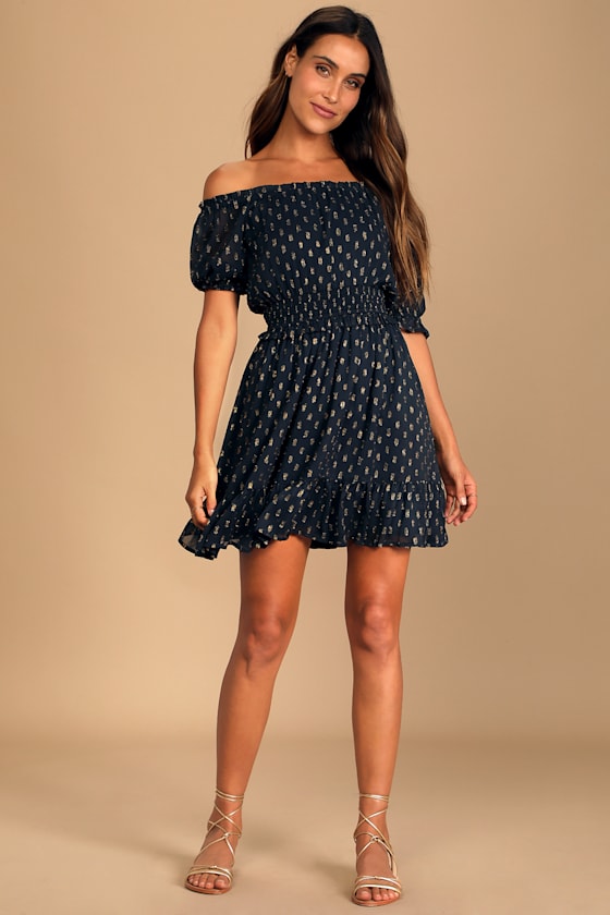 Navy Blue Dress - Off-the-Shoulder Mini Dress - Skater Mini Dress - Lulus