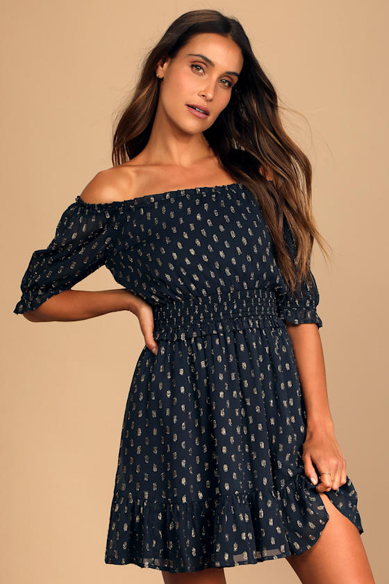 Navy Blue Dress - Off-the-Shoulder Mini Dress - Skater Mini Dress - Lulus