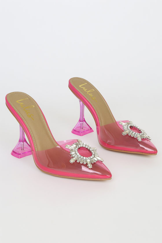 Pink Rhinestone Pumps - Vinyl Pumps - Brooch Heels - Lulus