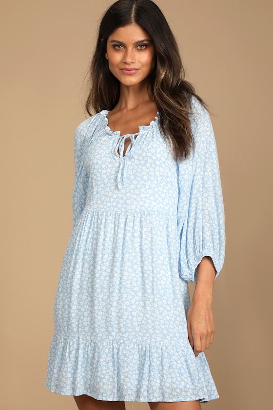 Light Blue Floral Dress - 3/4 Sleeve Dress - Tiered Mini Dress - Lulus