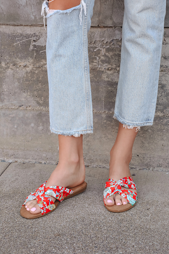 Cute Red Multi Print Sandals - Vegan Sandals - Slide Sandals - Lulus