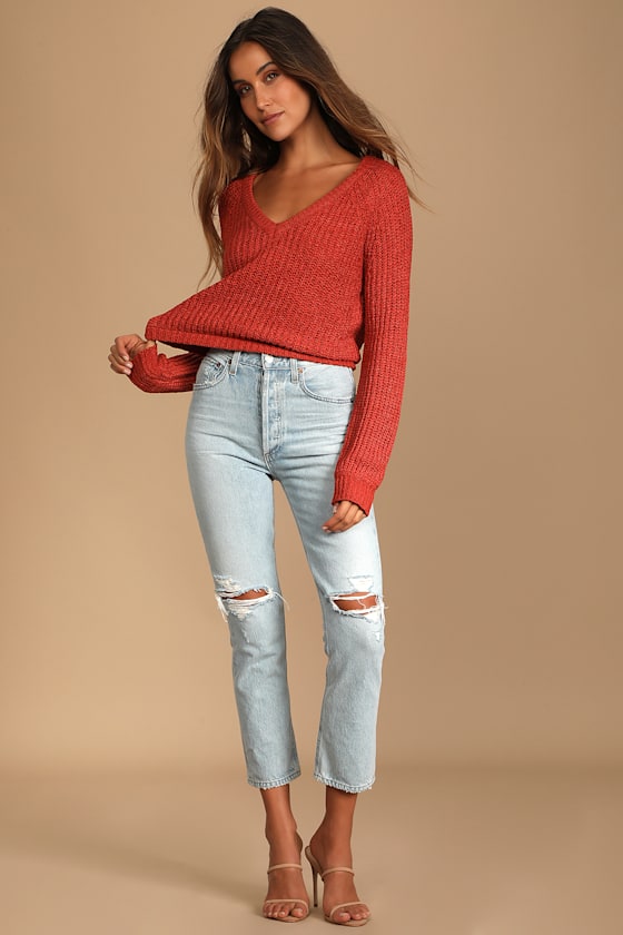 Rust Red Sweater - Tape Yarn Sweater - V-Neck Sweater - Lulus
