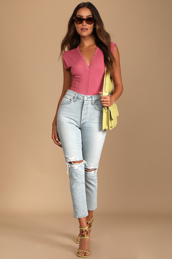 Rose Pink Bodysuit Sleeveless Bodysuit Henley Bodysuit Lulus