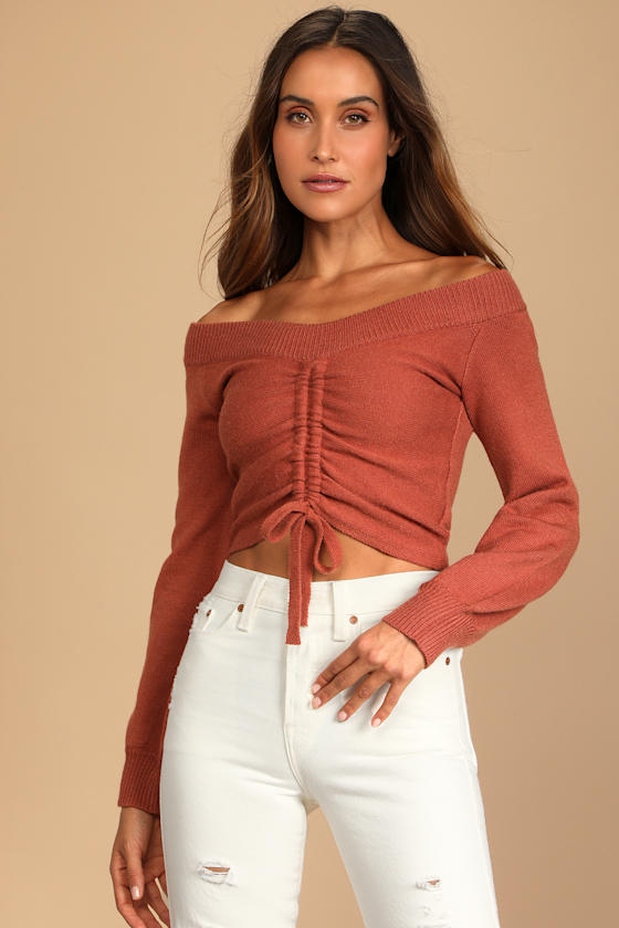 Rust Brown Sweater - Off-the-Shoulder Sweater - Ruched Sweater - Lulus
