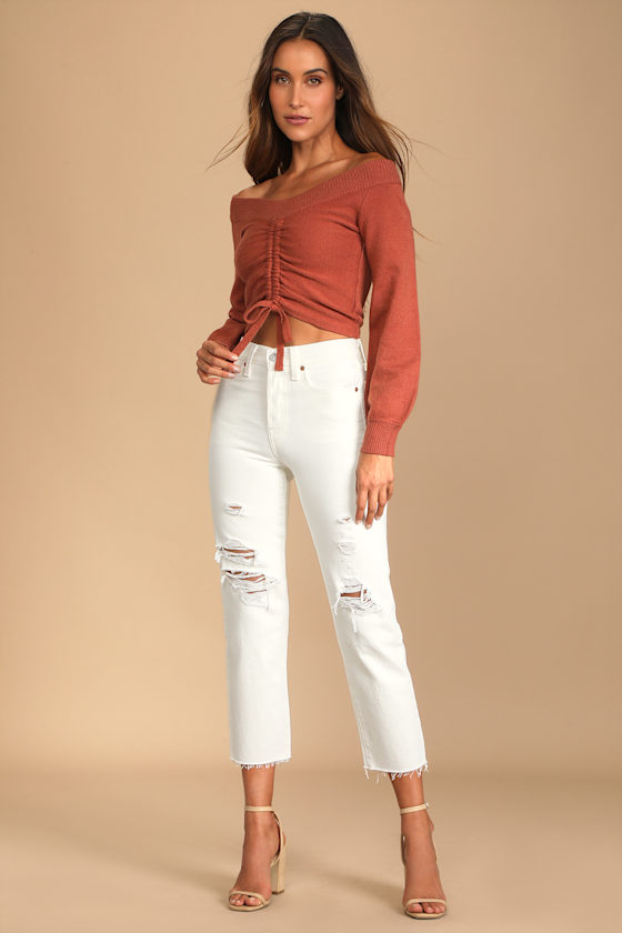 Rust Brown Sweater - Off-the-Shoulder Sweater - Ruched Sweater - Lulus