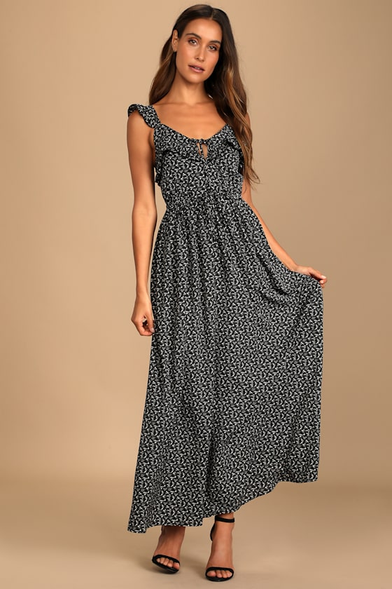 Black Floral Print Dress - Ruffled Maxi Dress - Drawstring Dress - Lulus