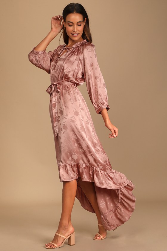 Mauve Midi Dress Floral Jacquard Satin Dress High Low Dress Lulus