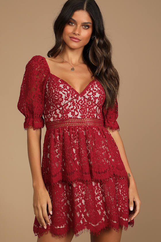 Red Lace Mini Dress - Tiered Lace Dress - Short Sleeve Red Dress - Lulus