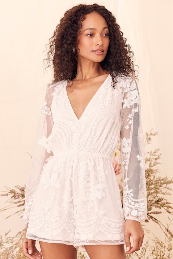 White Sequin Romper - Wedding Romper - Long Sleeve Romper - Lulus