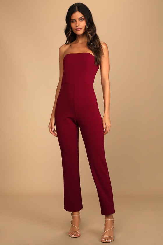 Burgundy Strapless Jumpsuit Cutout Jumpsuit Straight Jumpsuit Lulus