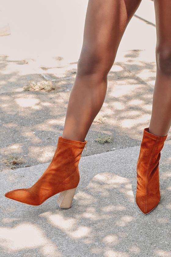 Rust Sock Boots - Faux Suede Boots - Mid-Calf Boots - Lulus