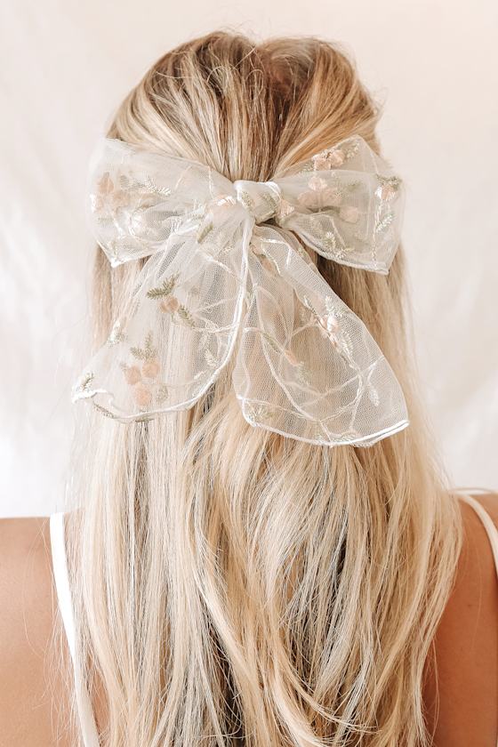 White Bow Clip - Embroidered Bow Clip - Hair Bow - Hair Bow Clip - Lulus