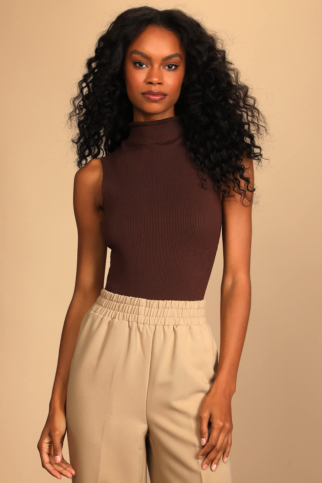 Brown Ribbed Bodysuit - Funnel Neck Bodysuit - Women's Tops - Lulus