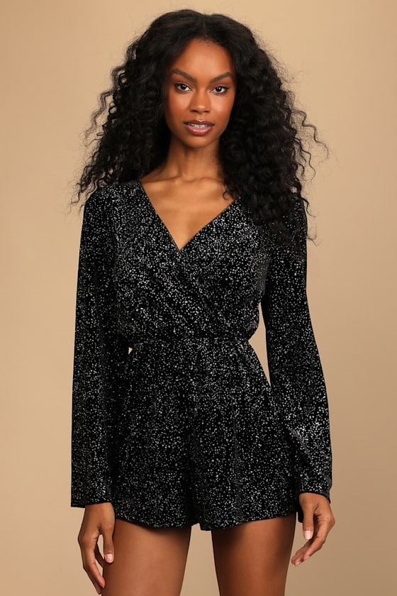 Black Velvet Romper - Glitter Romper - Long Sleeve Velvet Romper - Lulus