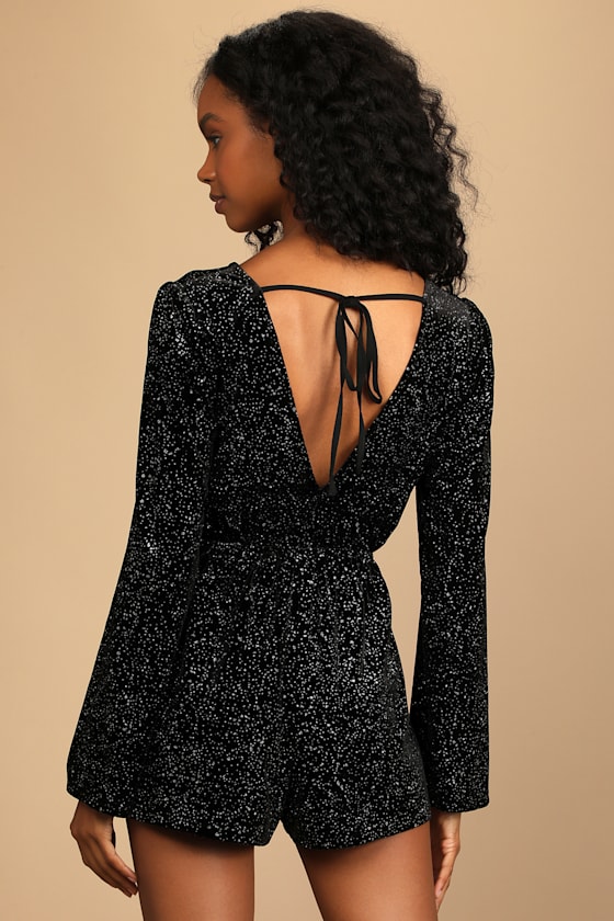 Black Velvet Romper - Glitter Romper - Long Sleeve Velvet Romper - Lulus
