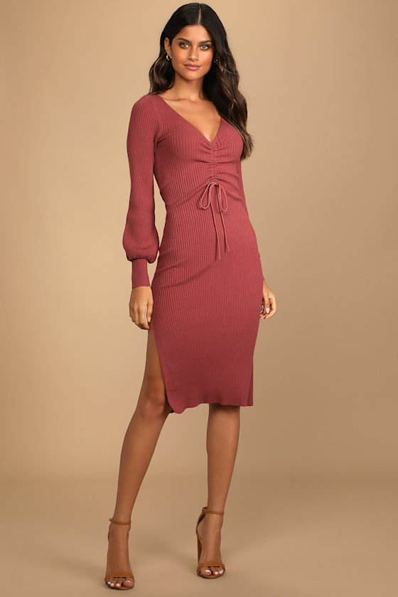 Rusty Rose Midi Dress - Ribbed Sweater Dress - Drawstring Dress - Lulus