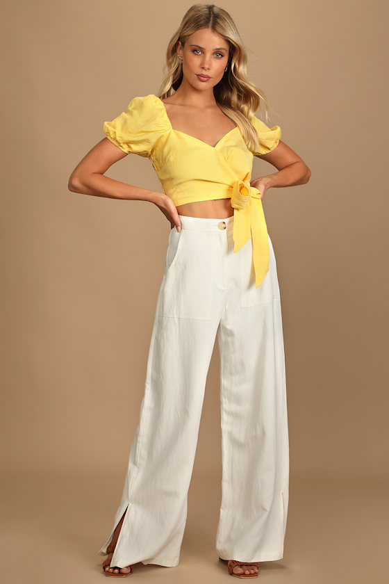 Yellow Crop Top - Puff Sleeve Crop Top - Faux Wrap Top - Lulus