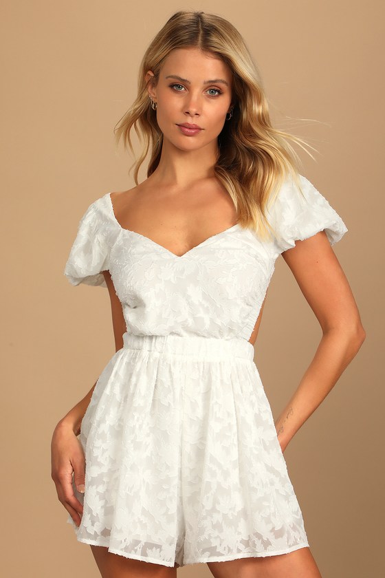 White Romper Puff Sleeve Romper Burnout Floral Romper Lulus