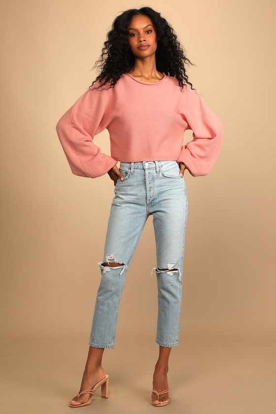 Blush Pink Sweater Balloon Sleeve Sweater Cropped Sweater Lulus