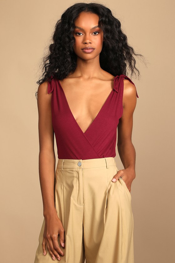 Sexy Burgundy Bodysuit Tie Strap Bodysuit Surplice Bodysuit Lulus